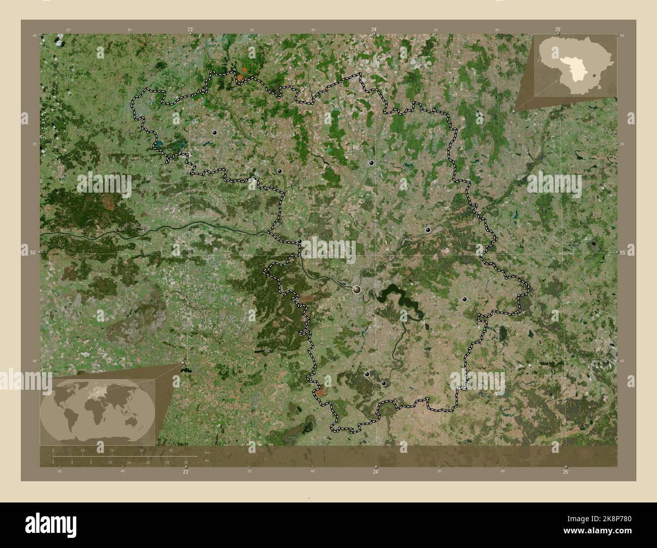 Kauno, county of Lithuania. High resolution satellite map. Locations of ...