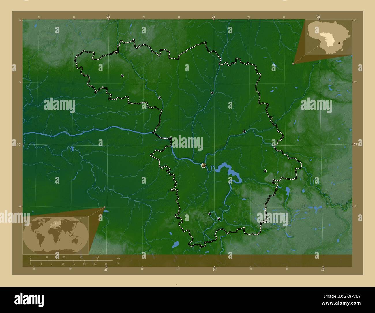 Kauno, county of Lithuania. Colored elevation map with lakes and rivers ...