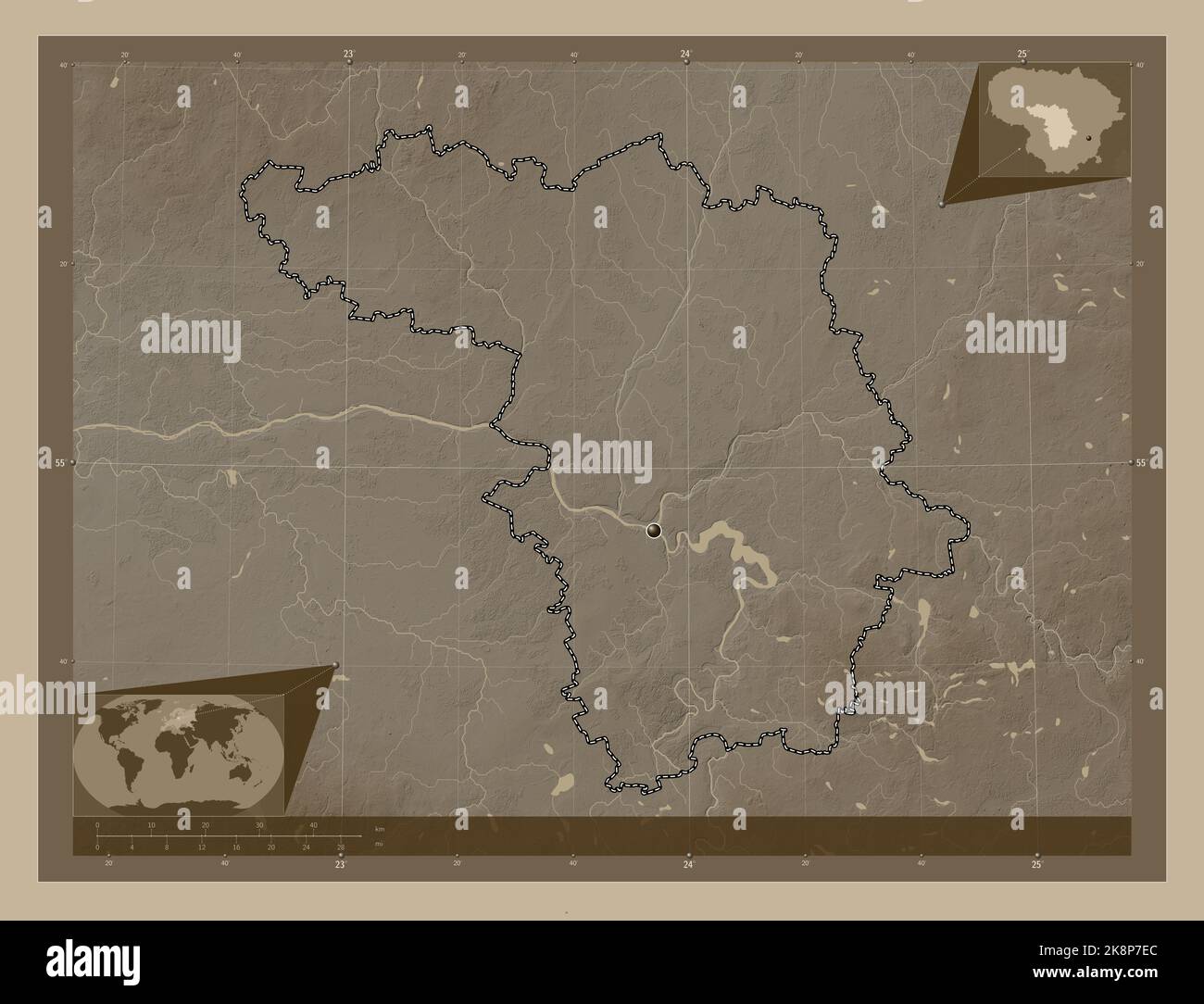 Kauno, county of Lithuania. Elevation map colored in sepia tones with ...