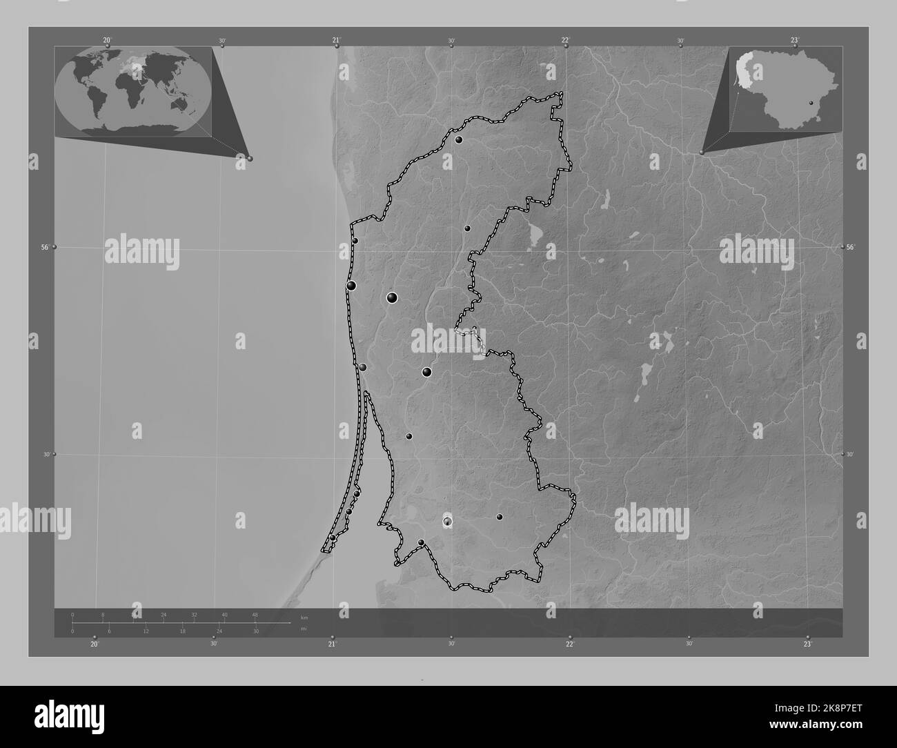 Klaipedos, county of Lithuania. Grayscale elevation map with lakes and ...