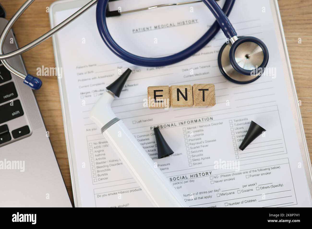 Medical documents, equipments and word ent collected with wooden cubes ...