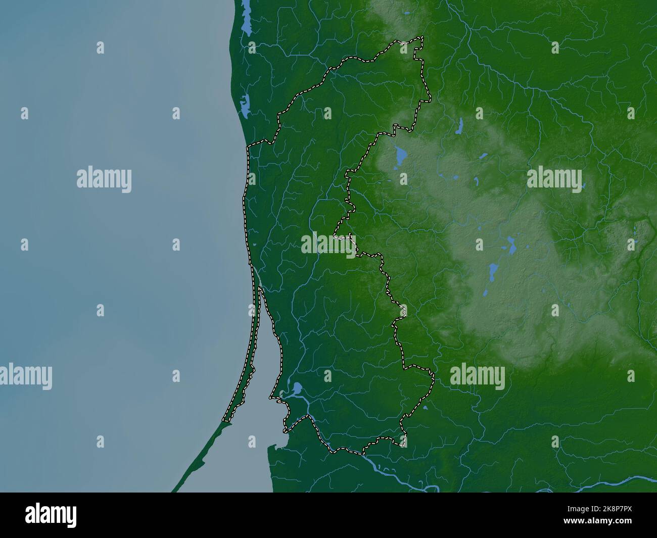 Klaipedos, county of Lithuania. Colored elevation map with lakes and ...