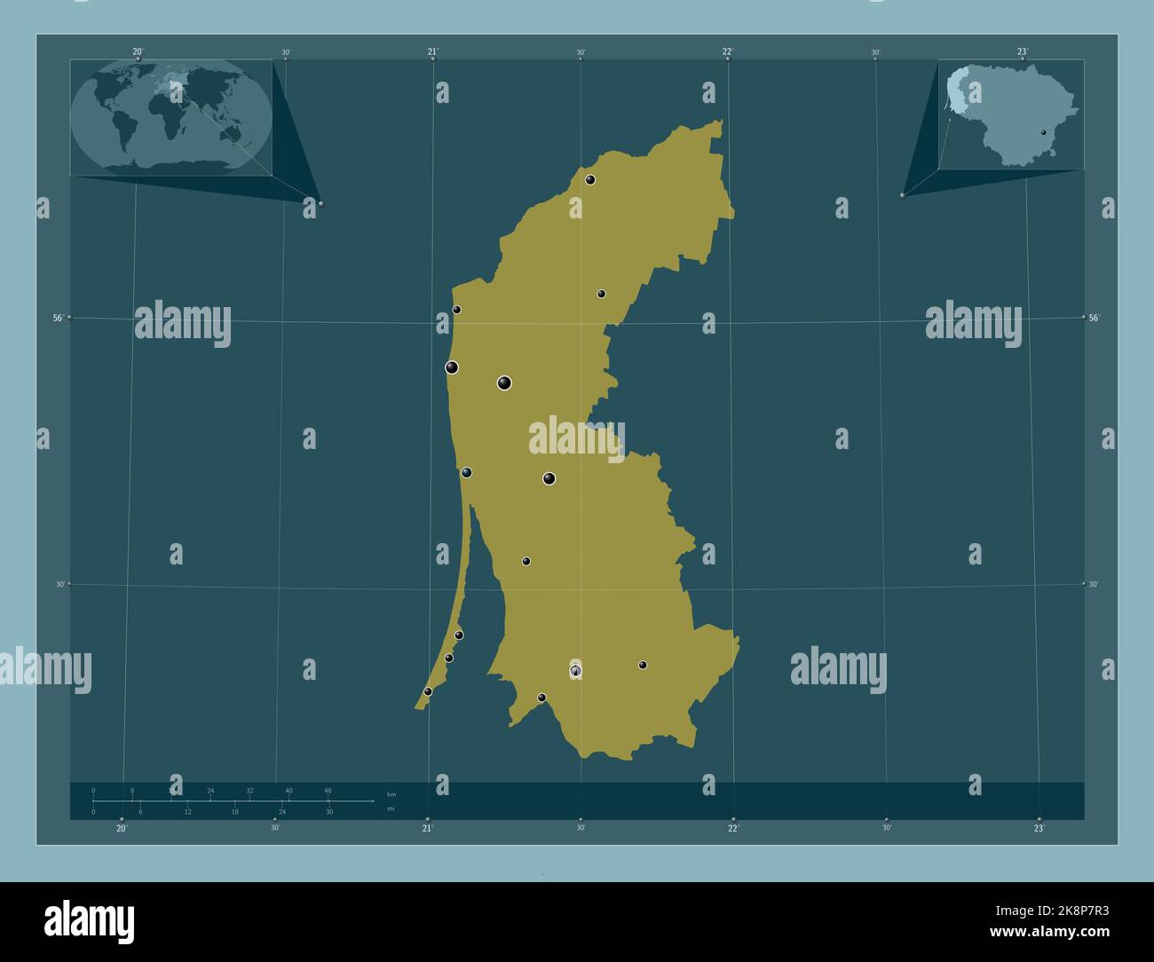 Klaipedos, county of Lithuania. Solid color shape. Locations of major ...