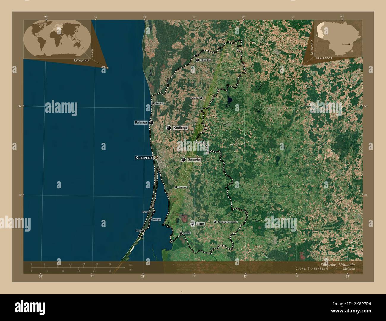 Klaipedos, county of Lithuania. Low resolution satellite map. Locations ...