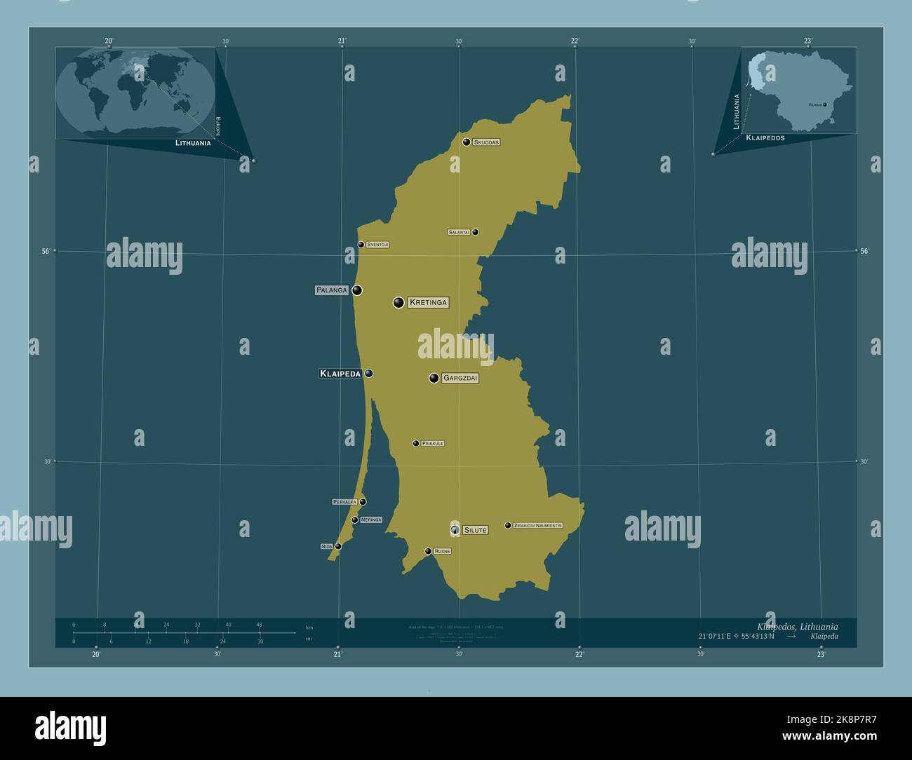 Klaipedos, county of Lithuania. Solid color shape. Locations and names ...