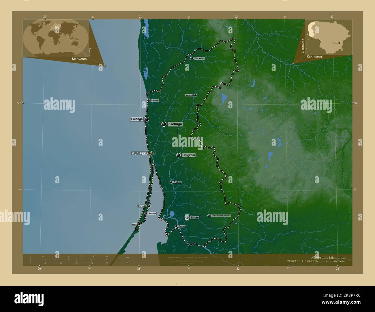 Klaipedos, county of Lithuania. Colored elevation map with lakes and ...