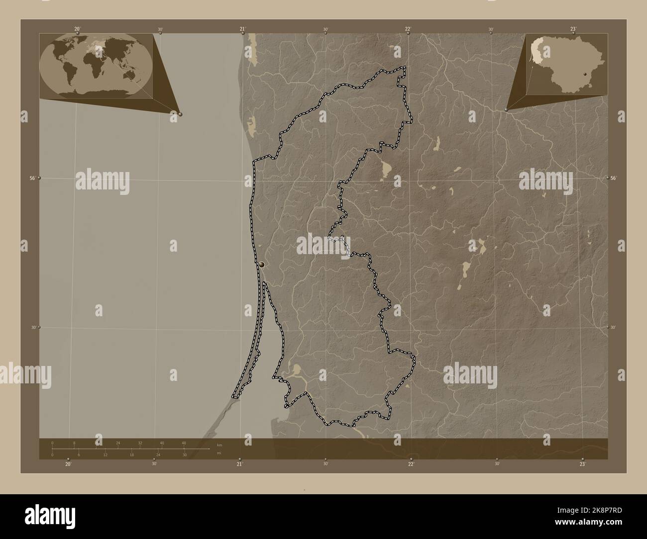 Klaipedos, county of Lithuania. Elevation map colored in sepia tones ...