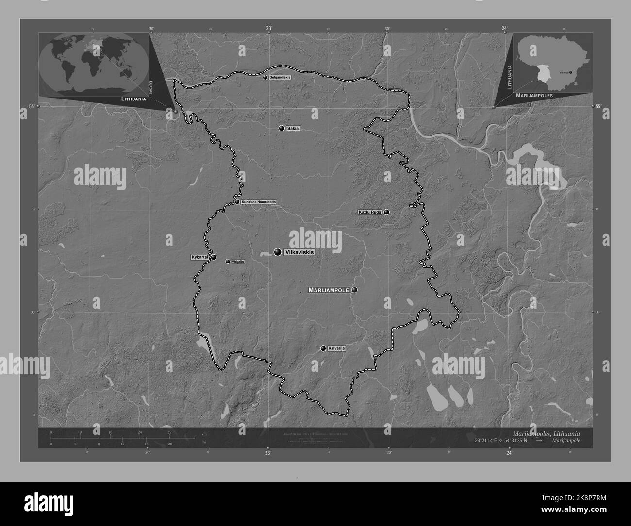 Marijampoles, county of Lithuania. Bilevel elevation map with lakes and ...