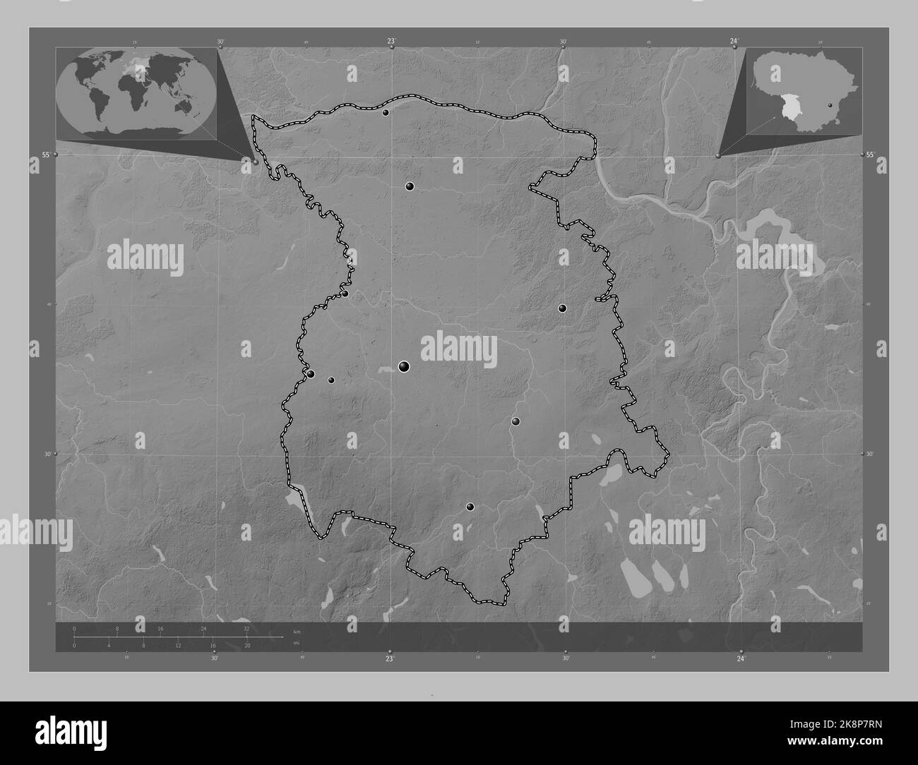 Marijampoles, county of Lithuania. Grayscale elevation map with lakes ...