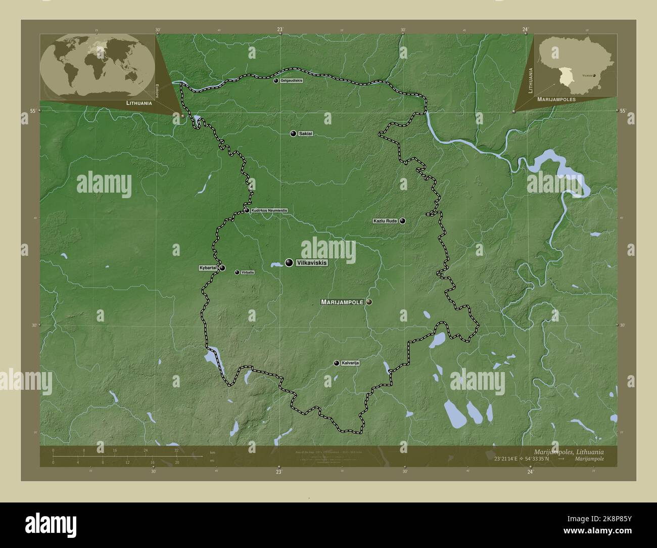 Marijampoles, county of Lithuania. Elevation map colored in wiki style ...