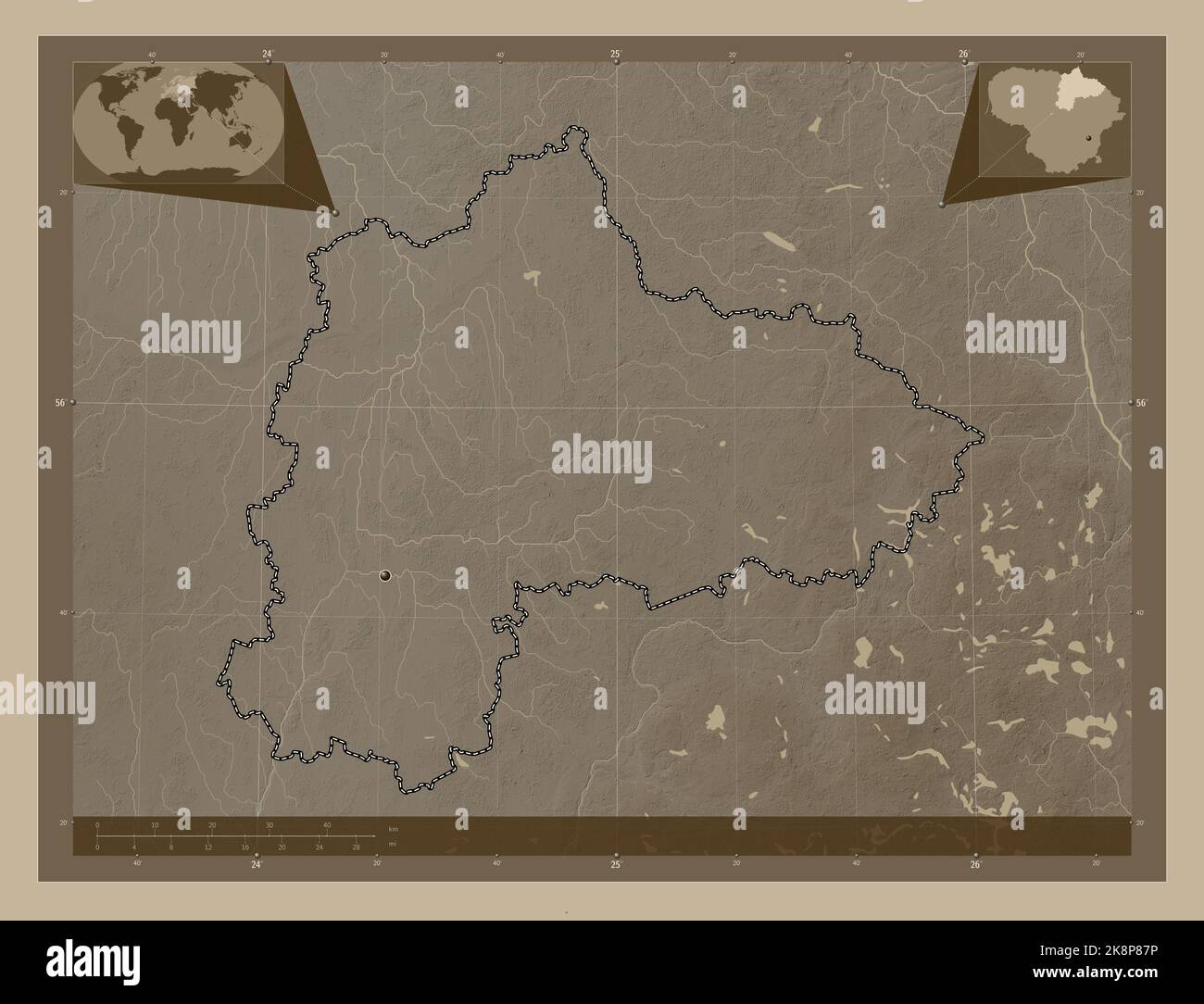 Panevezio, county of Lithuania. Elevation map colored in sepia tones ...