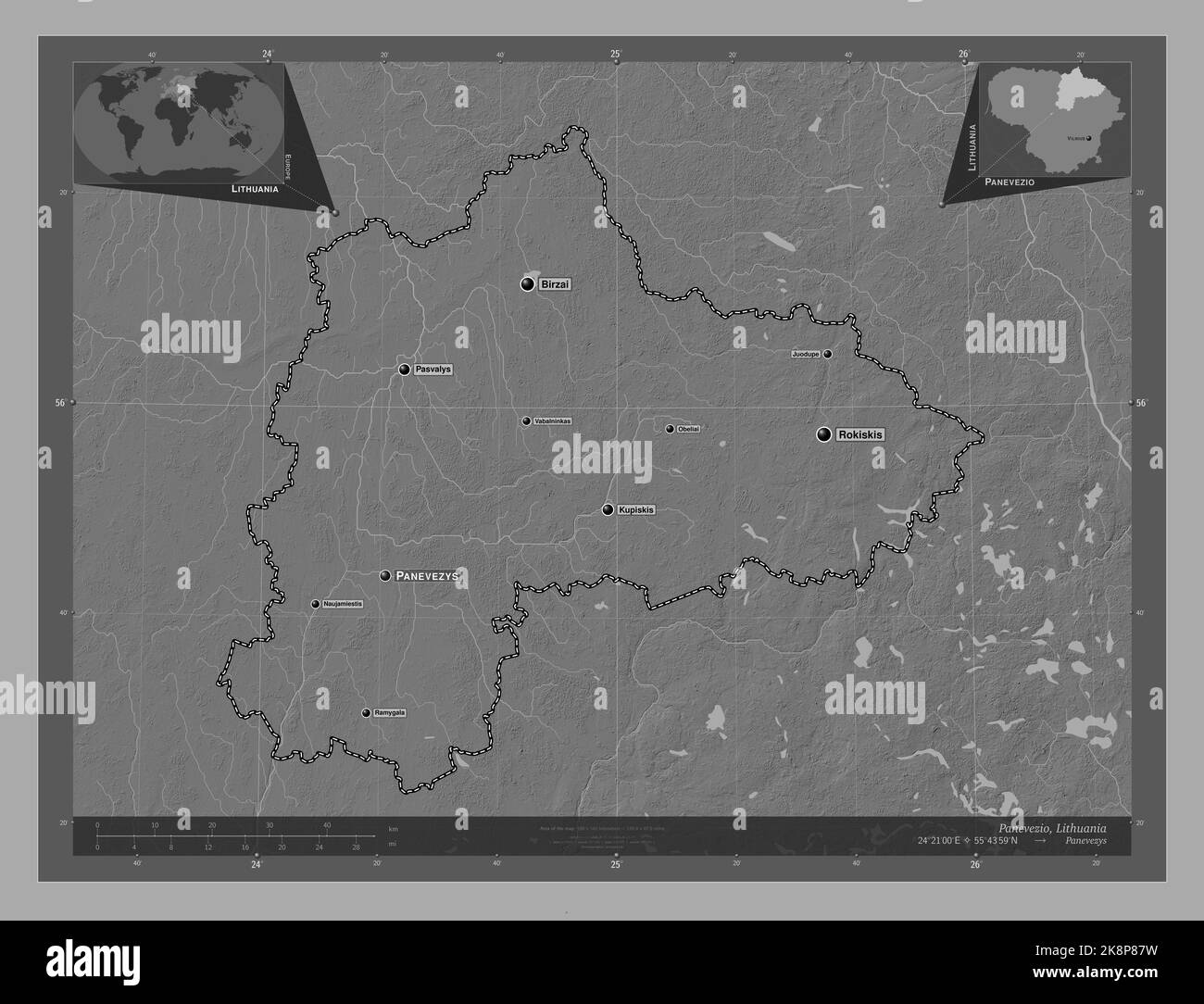Panevezio, county of Lithuania. Bilevel elevation map with lakes and ...
