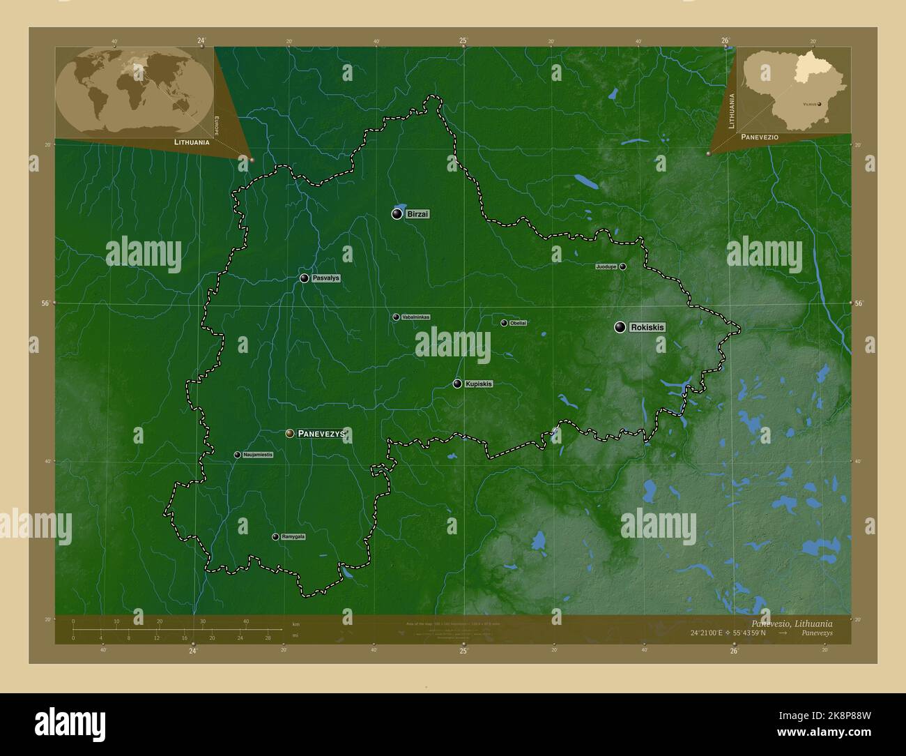 Panevezio, county of Lithuania. Colored elevation map with lakes and ...