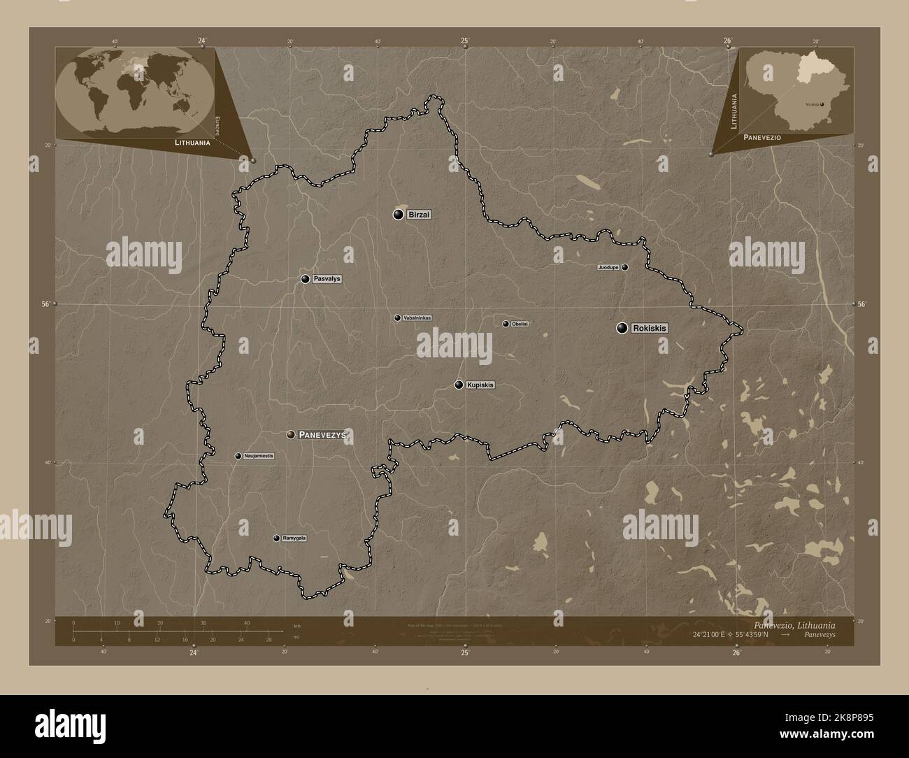 Panevezio, county of Lithuania. Elevation map colored in sepia tones ...