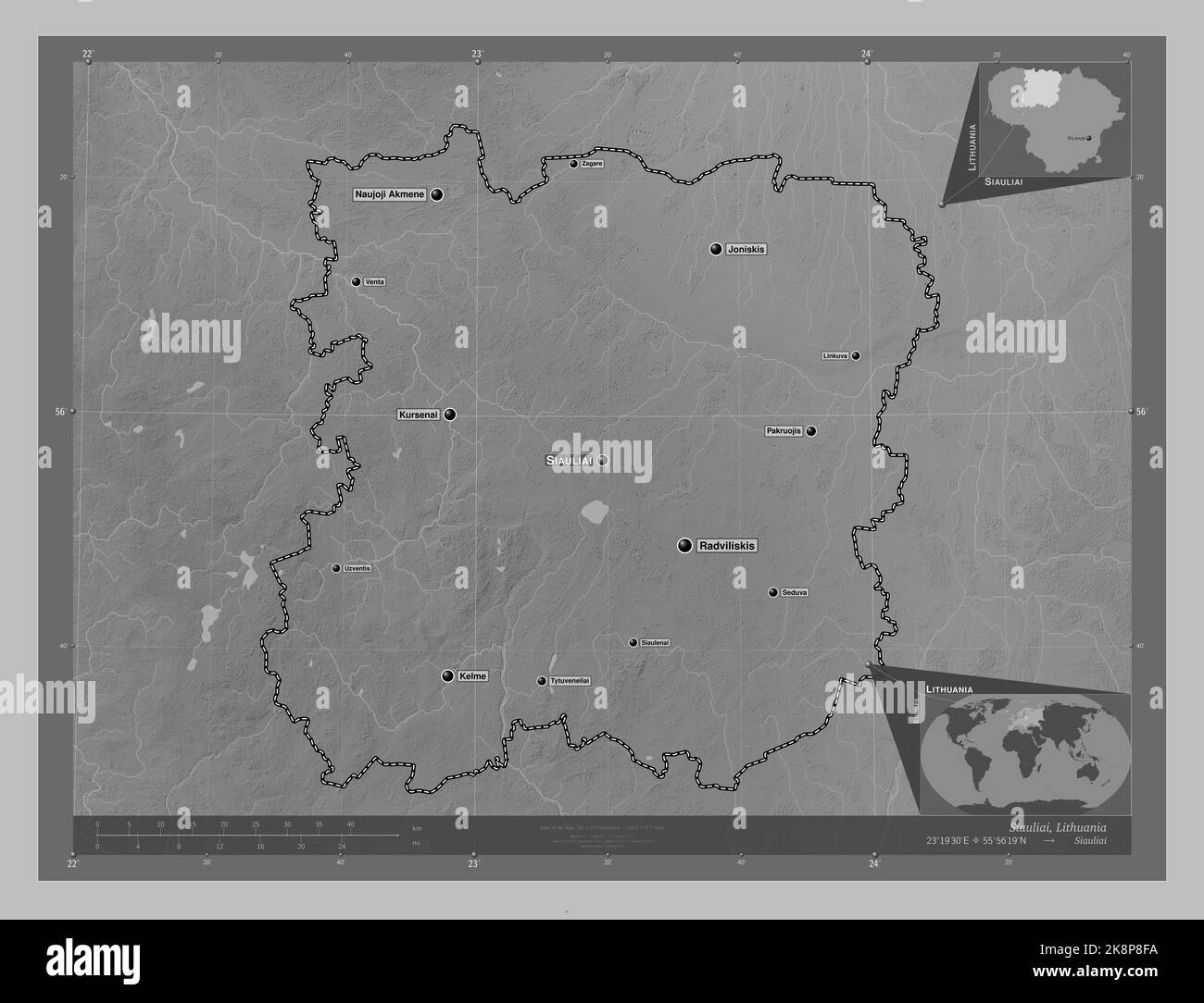 Siauliai, county of Lithuania. Grayscale elevation map with lakes and ...
