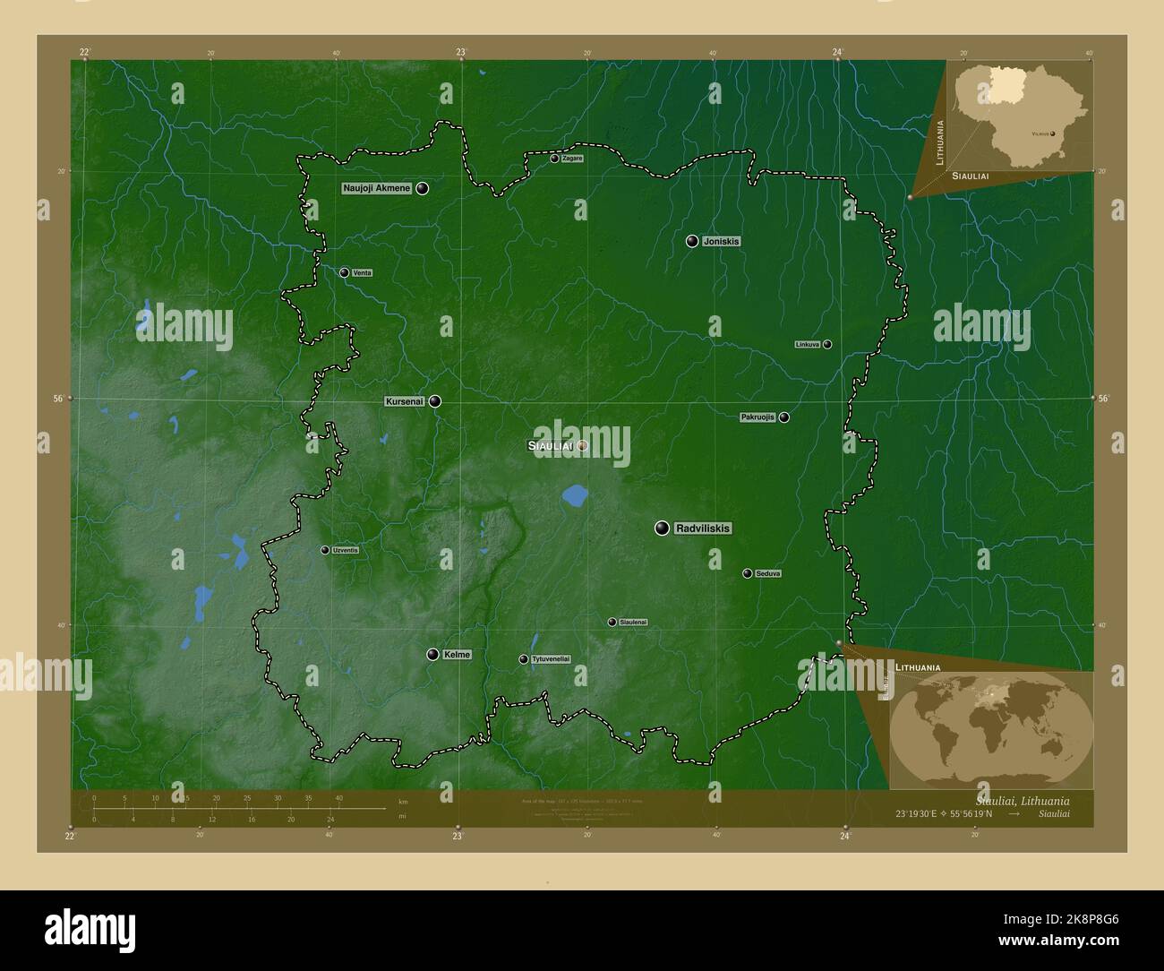 Siauliai, county of Lithuania. Colored elevation map with lakes and ...