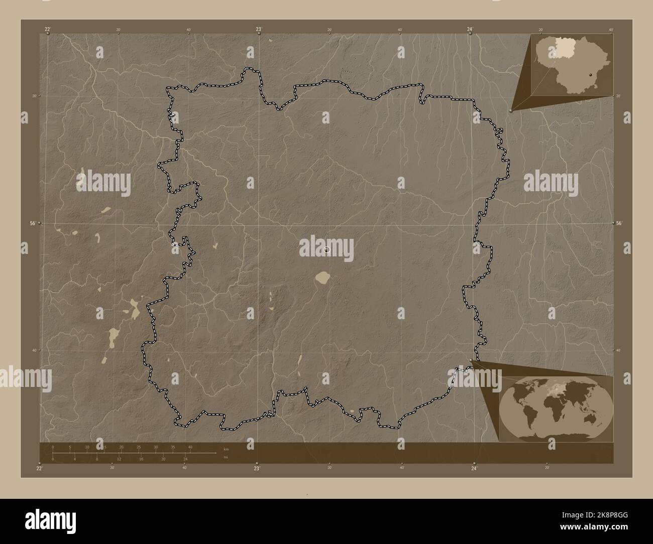 Siauliai, county of Lithuania. Elevation map colored in sepia tones ...