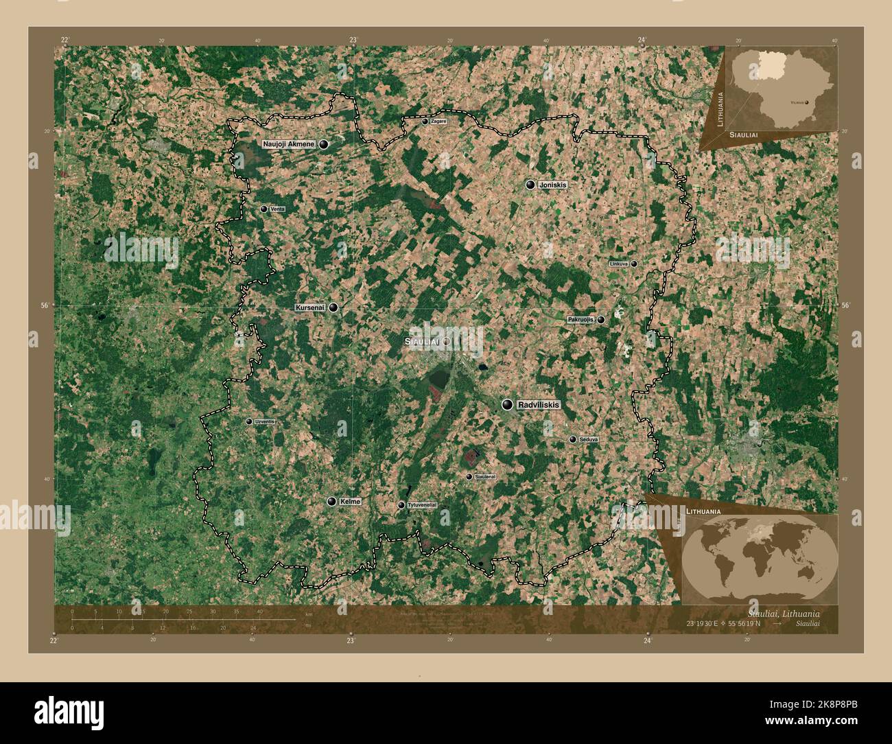 Siauliai, county of Lithuania. Low resolution satellite map. Locations ...