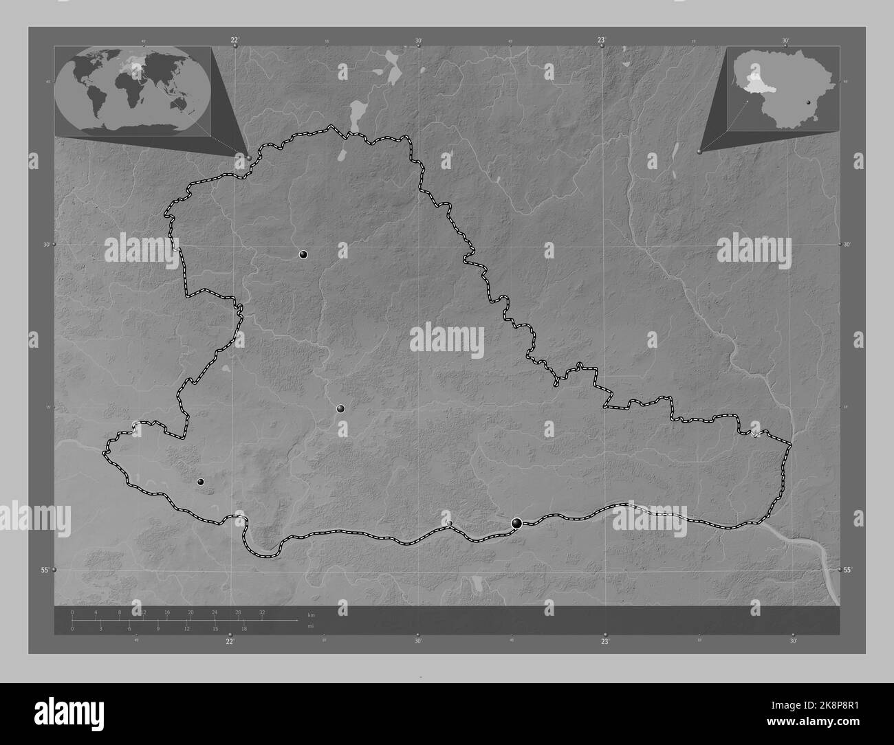 Taurages, county of Lithuania. Grayscale elevation map with lakes and ...