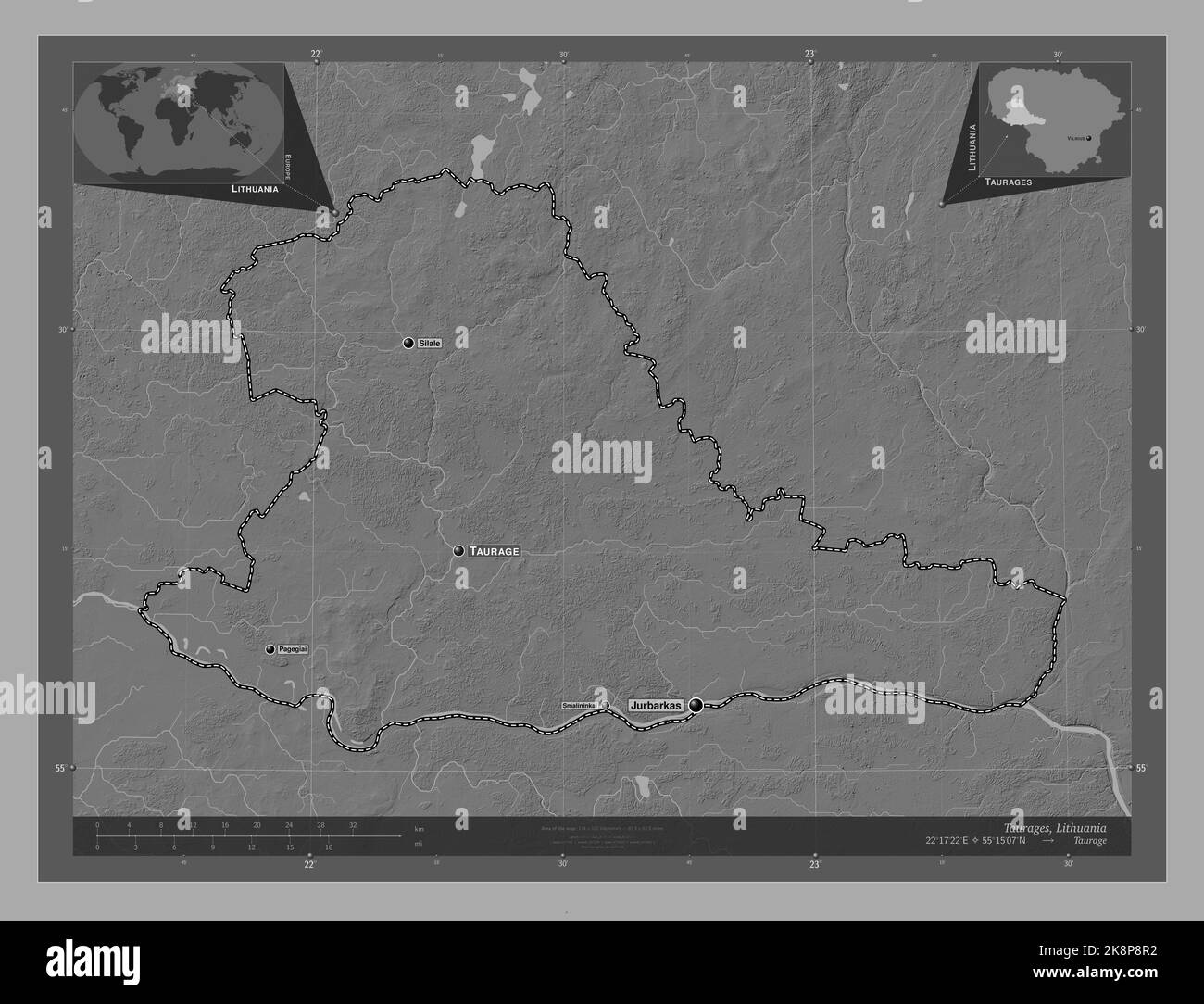 Taurages, county of Lithuania. Bilevel elevation map with lakes and ...