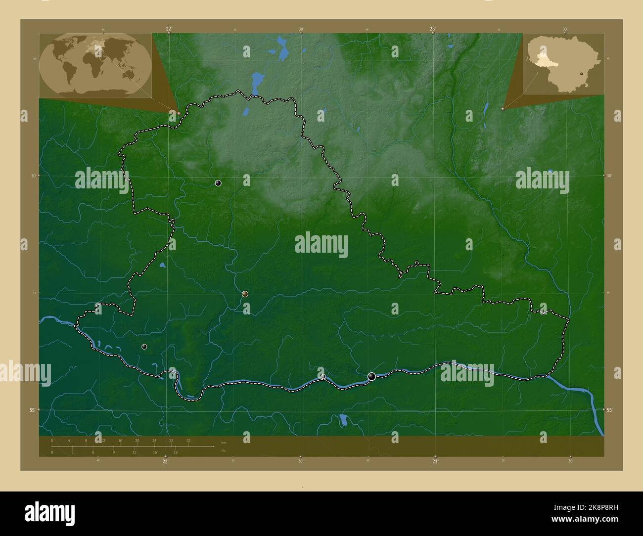 Taurages, county of Lithuania. Colored elevation map with lakes and ...