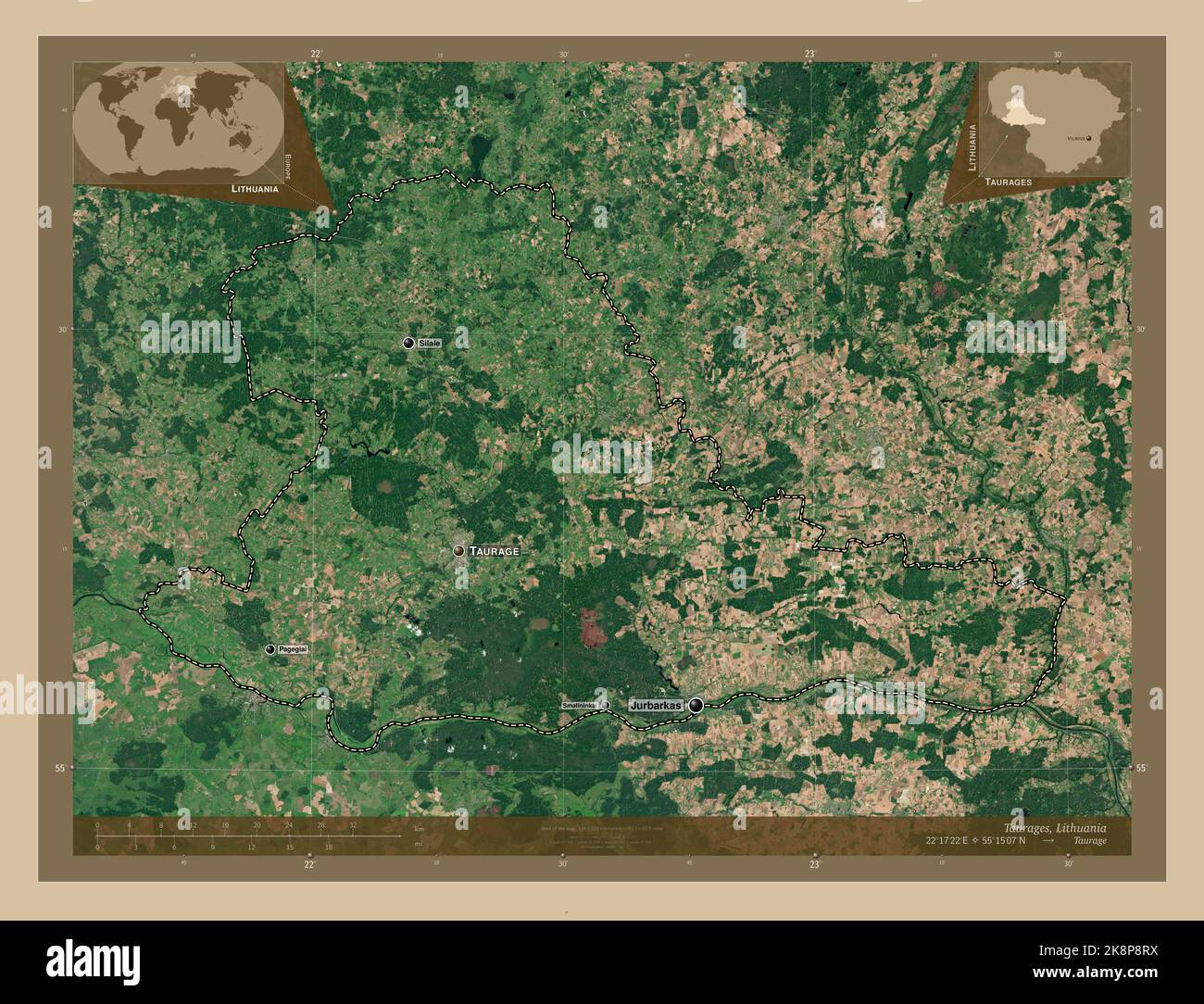 Taurages, county of Lithuania. Low resolution satellite map. Locations ...