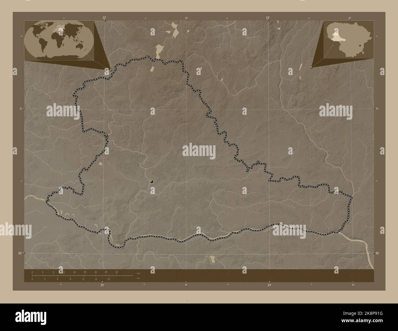Taurages, county of Lithuania. Elevation map colored in sepia tones ...