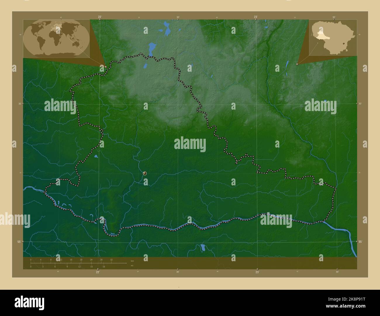 Taurages, county of Lithuania. Colored elevation map with lakes and ...