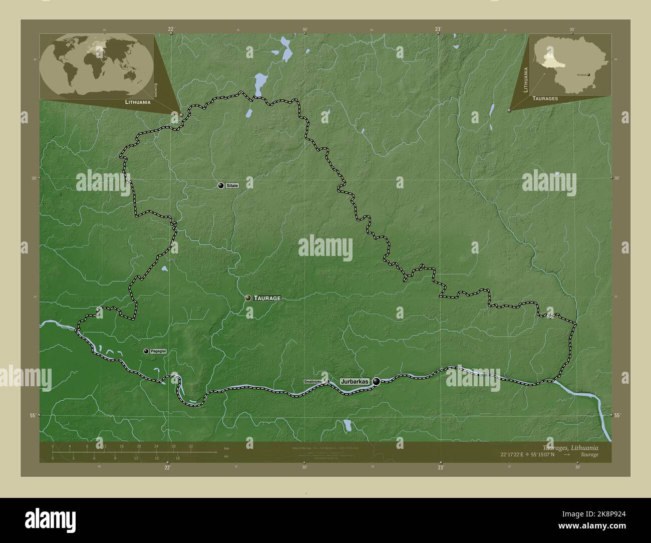 Taurages, county of Lithuania. Elevation map colored in wiki style with ...