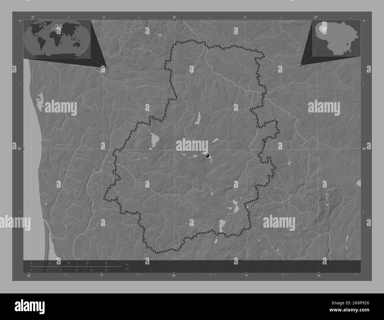 Telsiai, county of Lithuania. Bilevel elevation map with lakes and ...