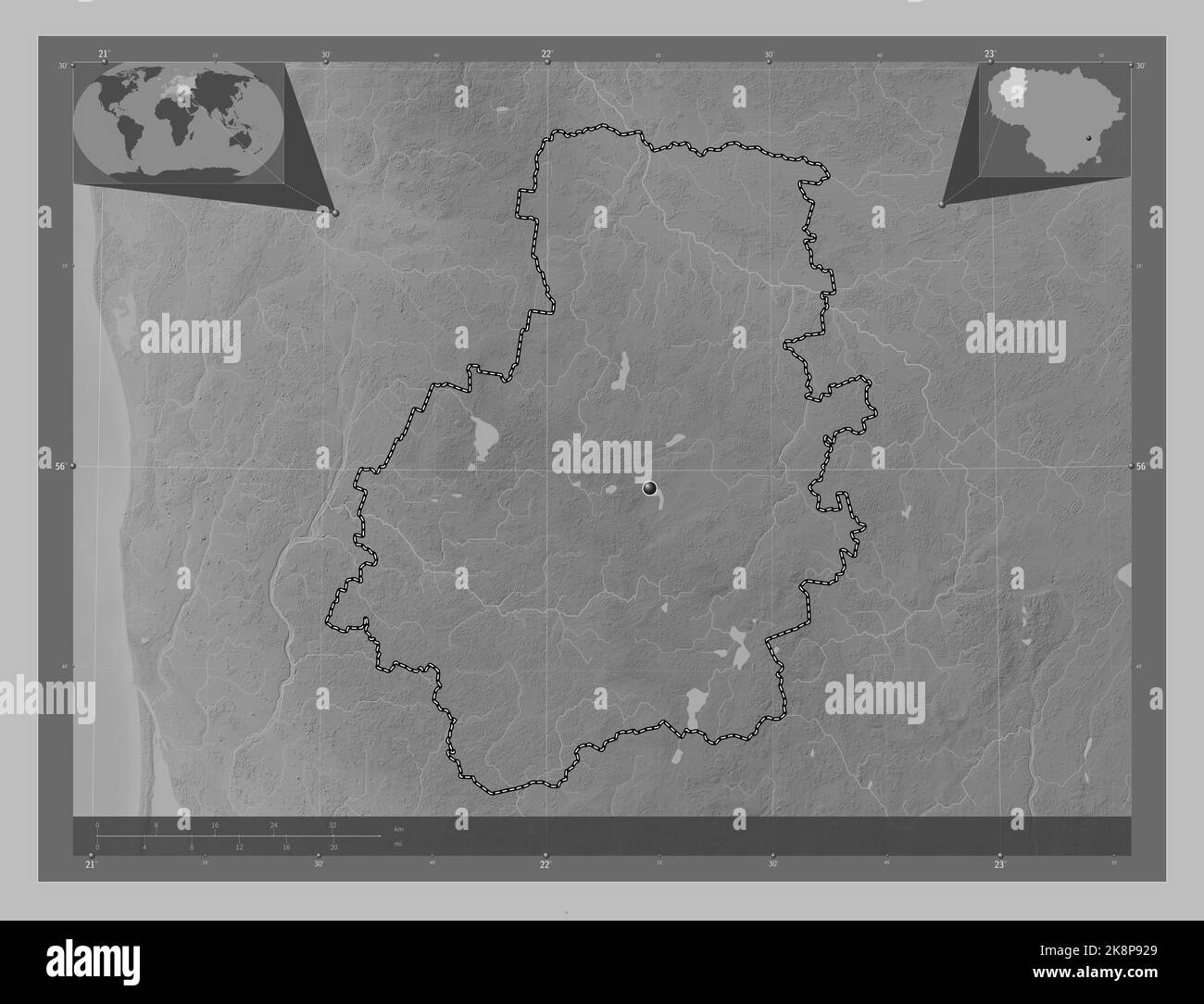 Telsiai, county of Lithuania. Grayscale elevation map with lakes and ...
