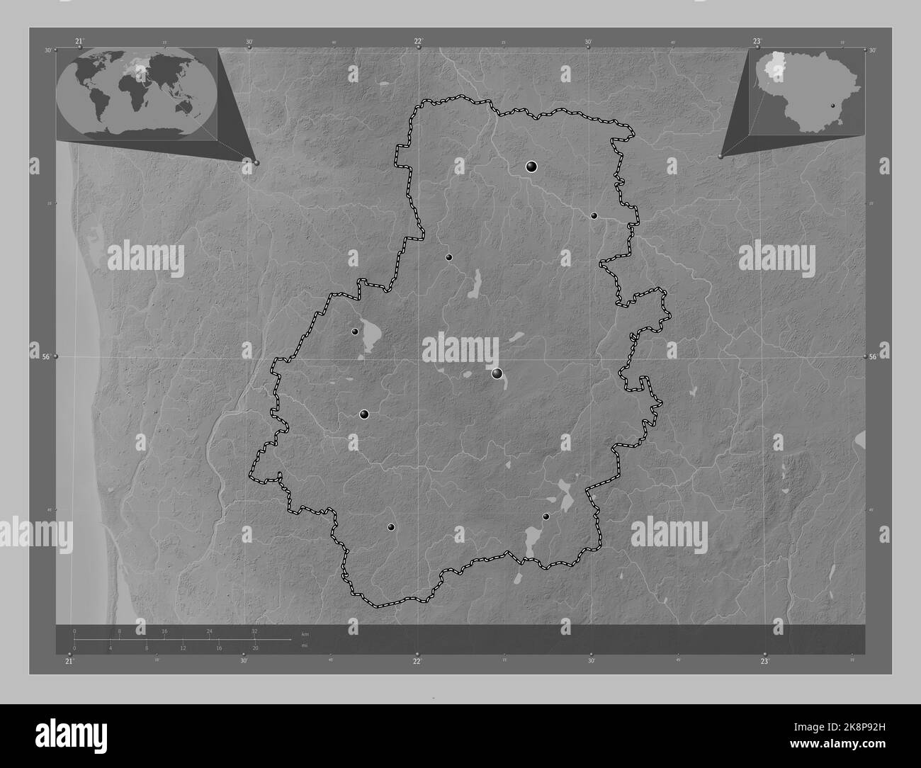 Telsiai, county of Lithuania. Grayscale elevation map with lakes and ...