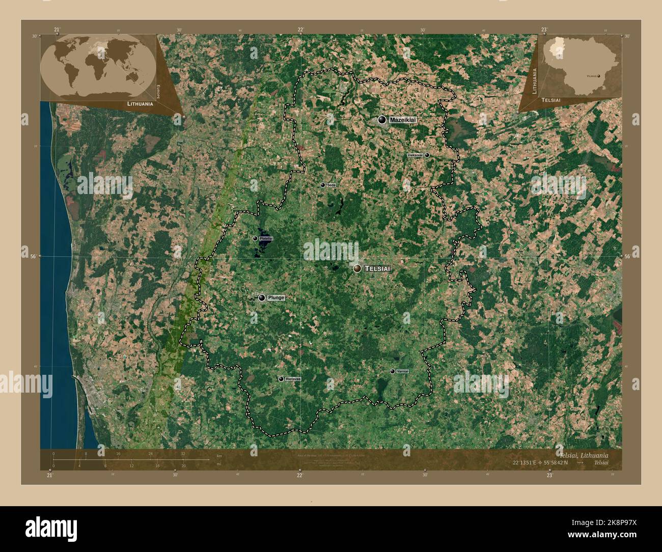 Telsiai, county of Lithuania. Low resolution satellite map. Locations ...