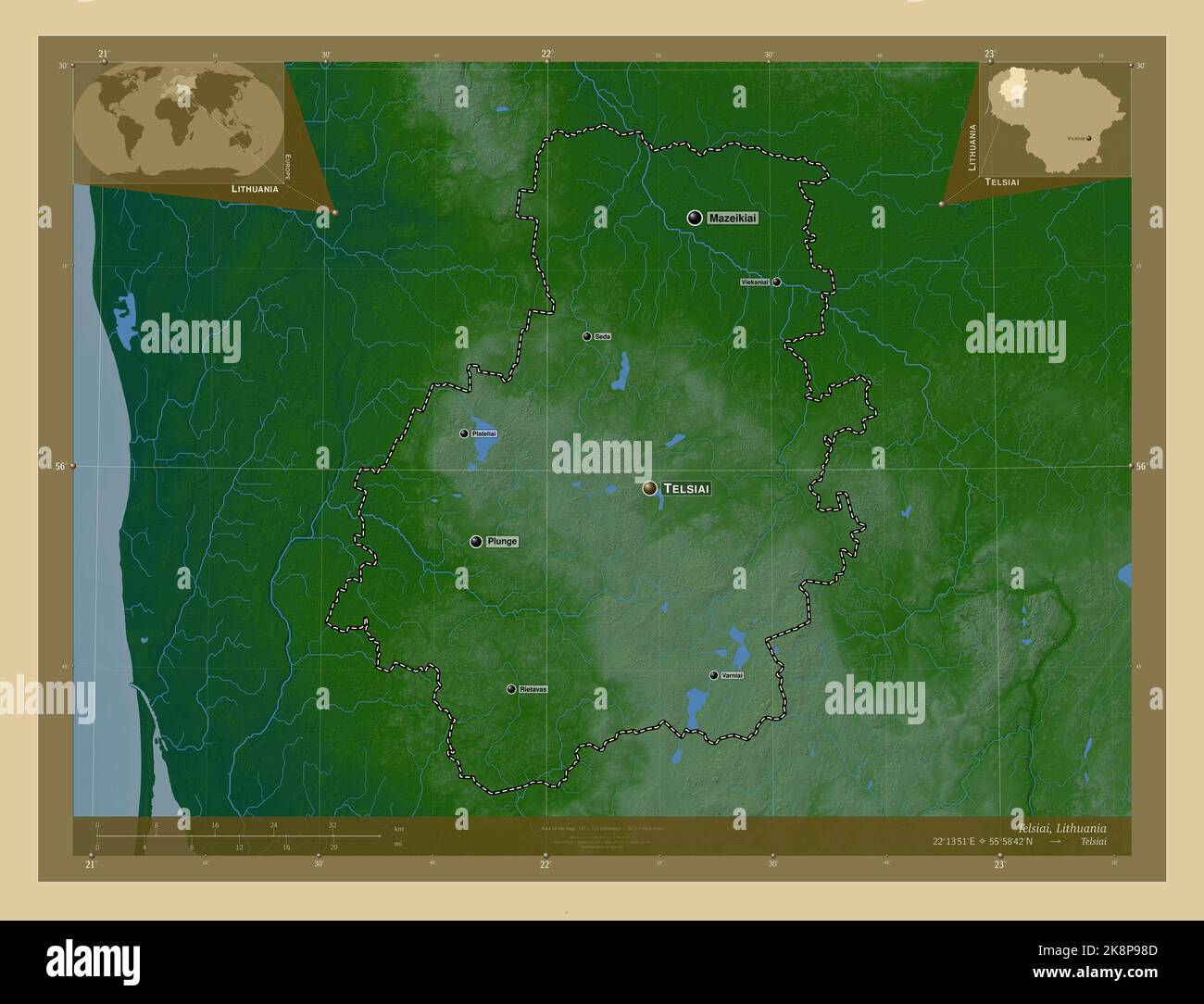 Telsiai, county of Lithuania. Colored elevation map with lakes and ...