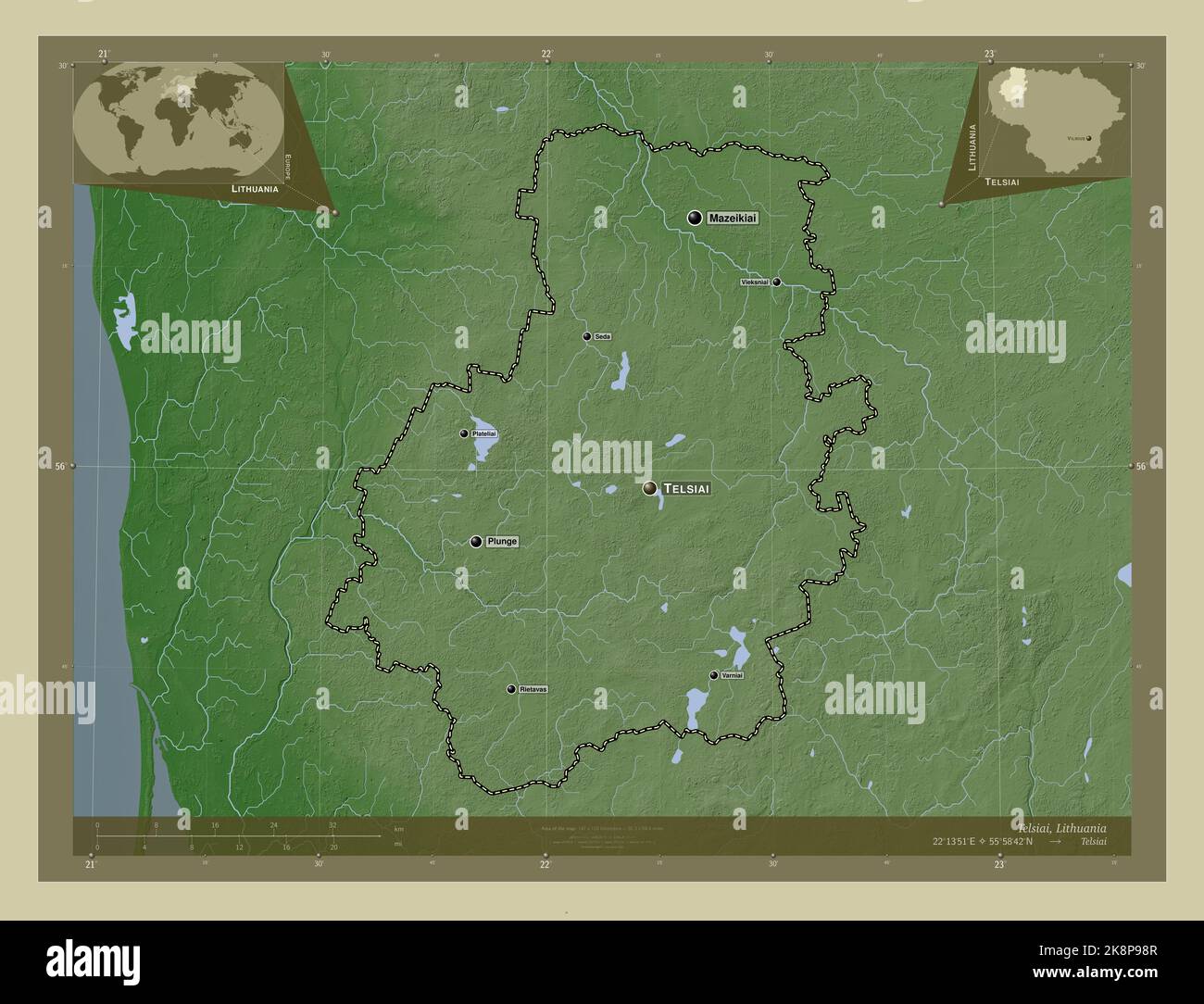 Telsiai, county of Lithuania. Elevation map colored in wiki style with ...