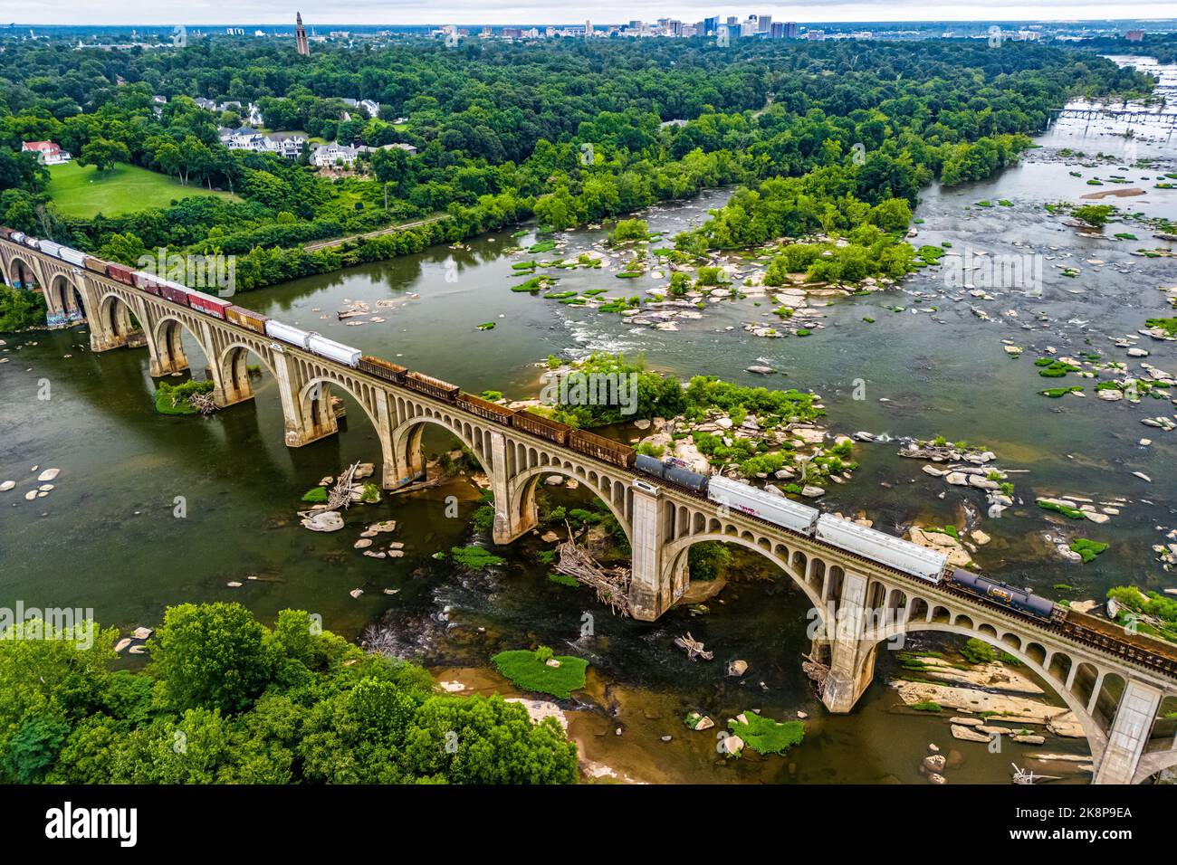 An aerial shot of the beautiful Historic CSX A-Line Bridge across the ...