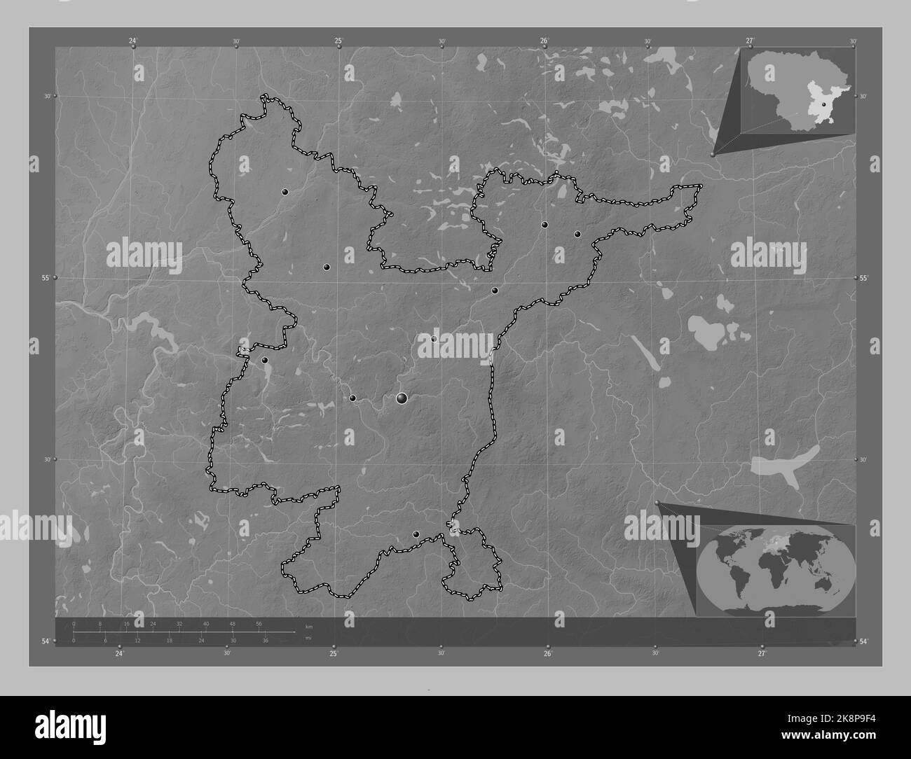 Vilniaus, county of Lithuania. Grayscale elevation map with lakes and ...