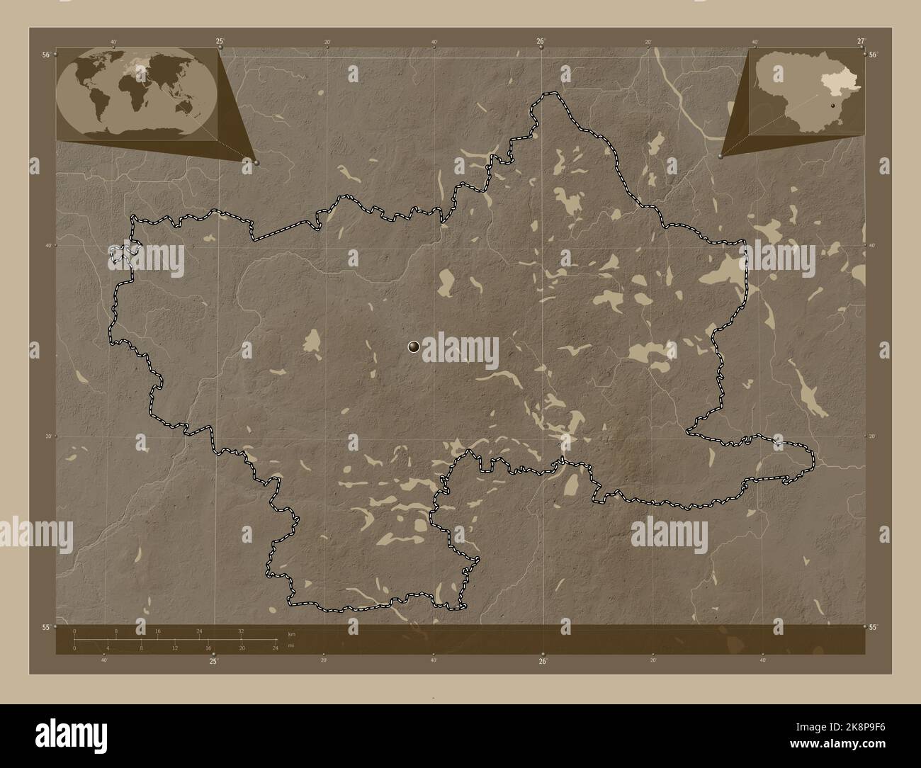 Utenos, county of Lithuania. Elevation map colored in sepia tones with ...