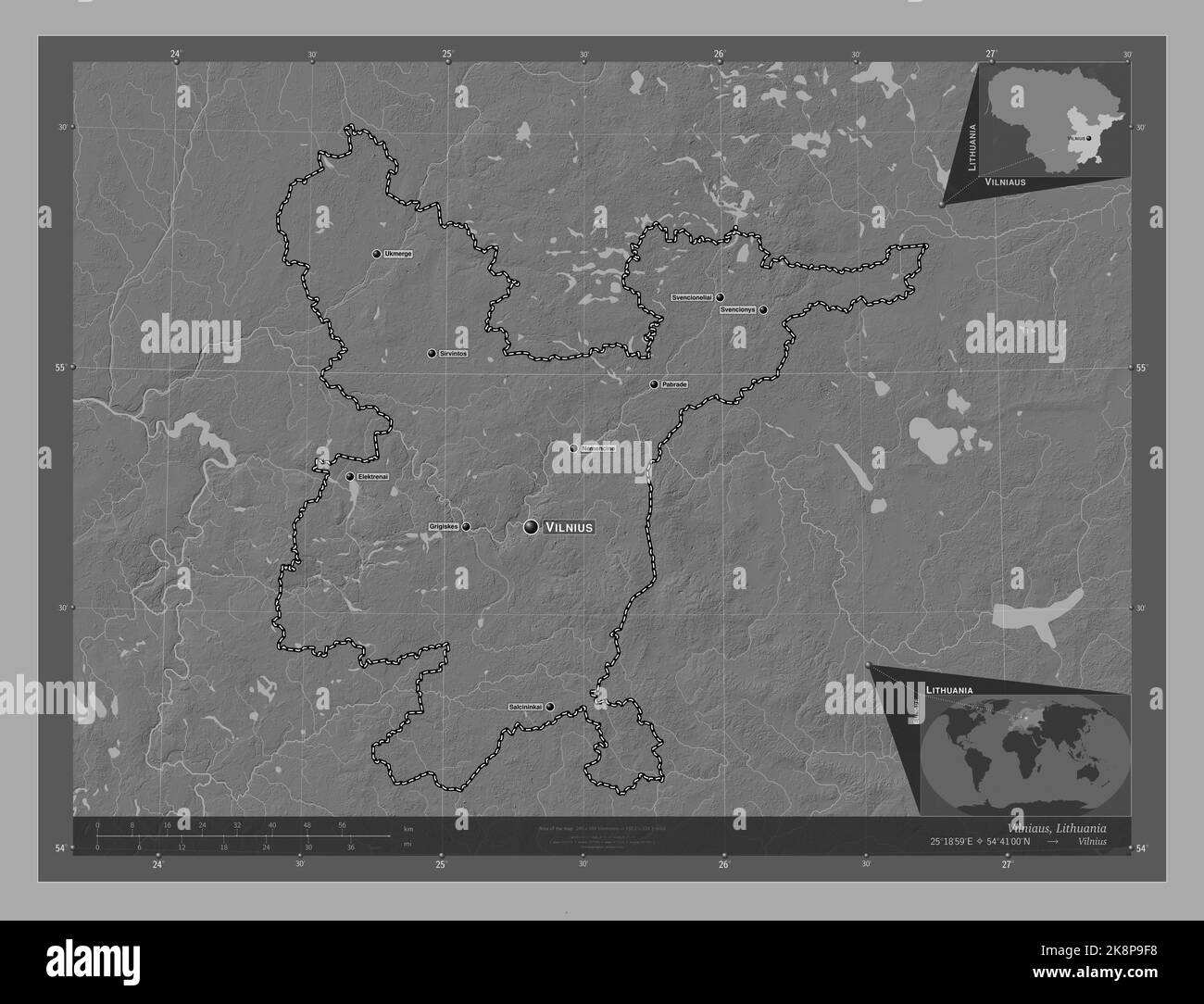 Vilniaus, county of Lithuania. Bilevel elevation map with lakes and ...
