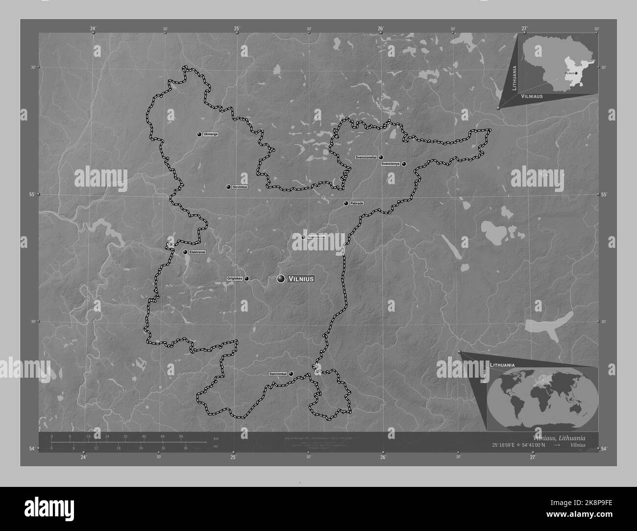 Vilniaus, county of Lithuania. Grayscale elevation map with lakes and ...
