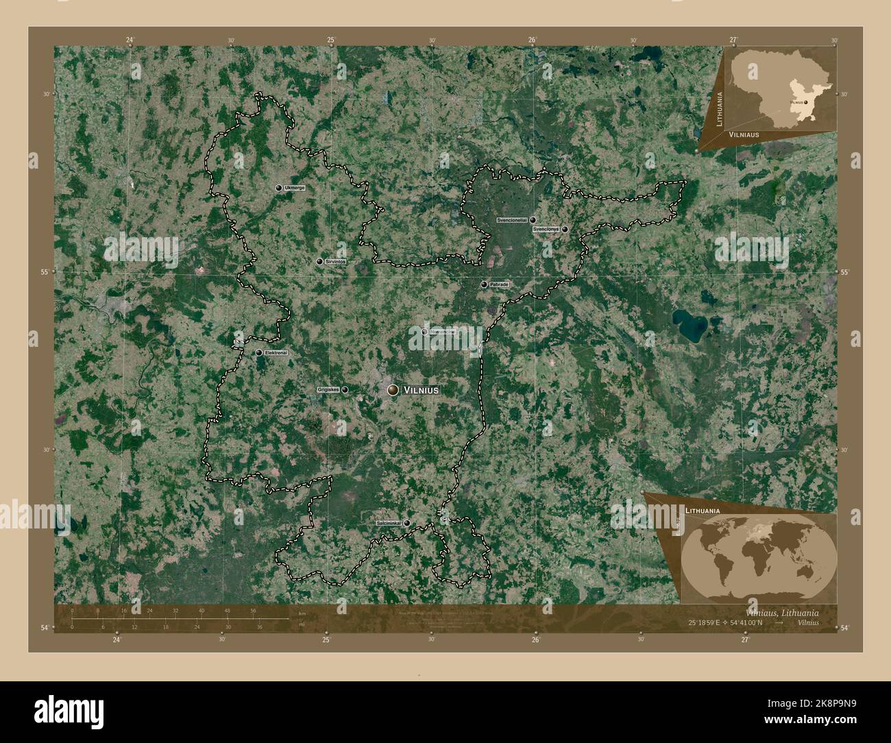 Vilniaus, county of Lithuania. Low resolution satellite map. Locations ...