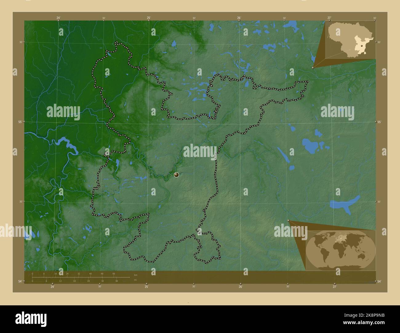 Vilniaus, county of Lithuania. Colored elevation map with lakes and ...