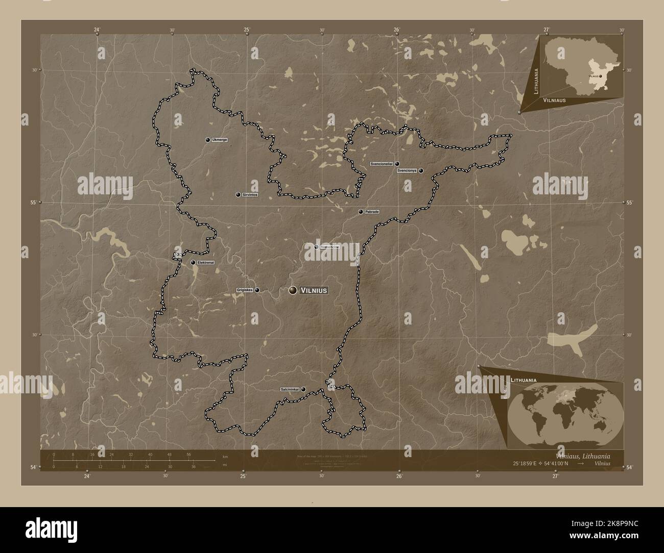 Vilniaus, county of Lithuania. Elevation map colored in sepia tones ...