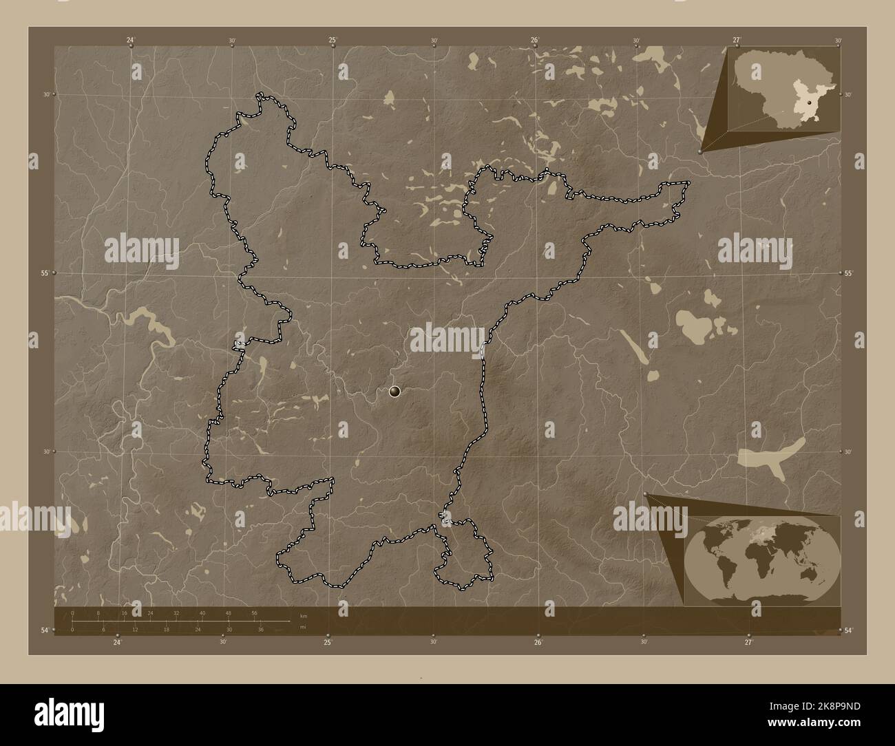 Vilniaus, county of Lithuania. Elevation map colored in sepia tones ...