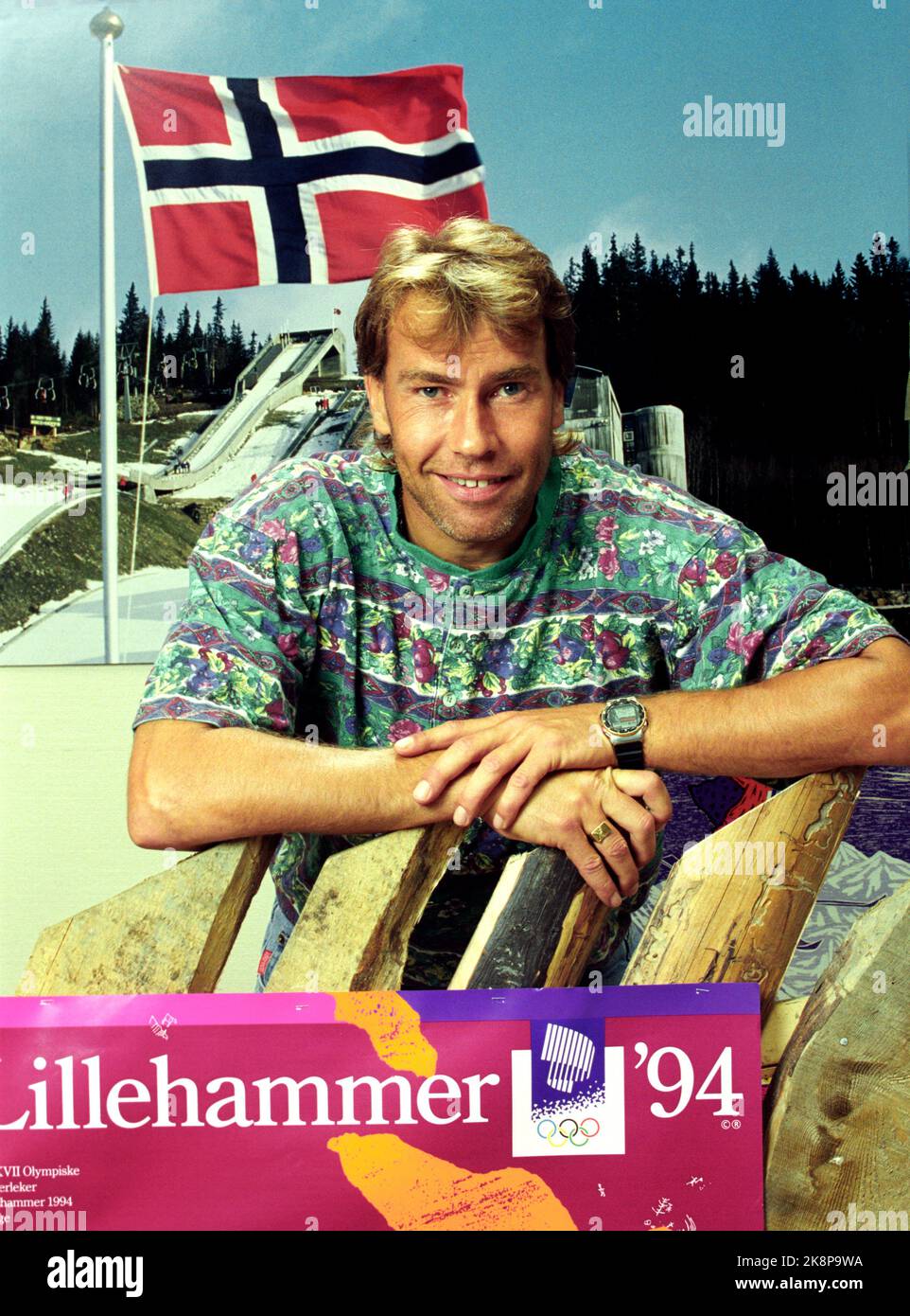 Oslo 1993: Ice hockey player Jim Marthinsen photographed with posters ...