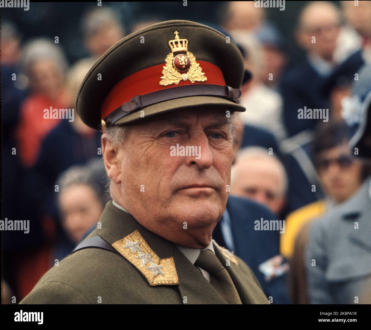 Denmark 197409. King Olav visits Denmark. Severe portrait in uniform ...