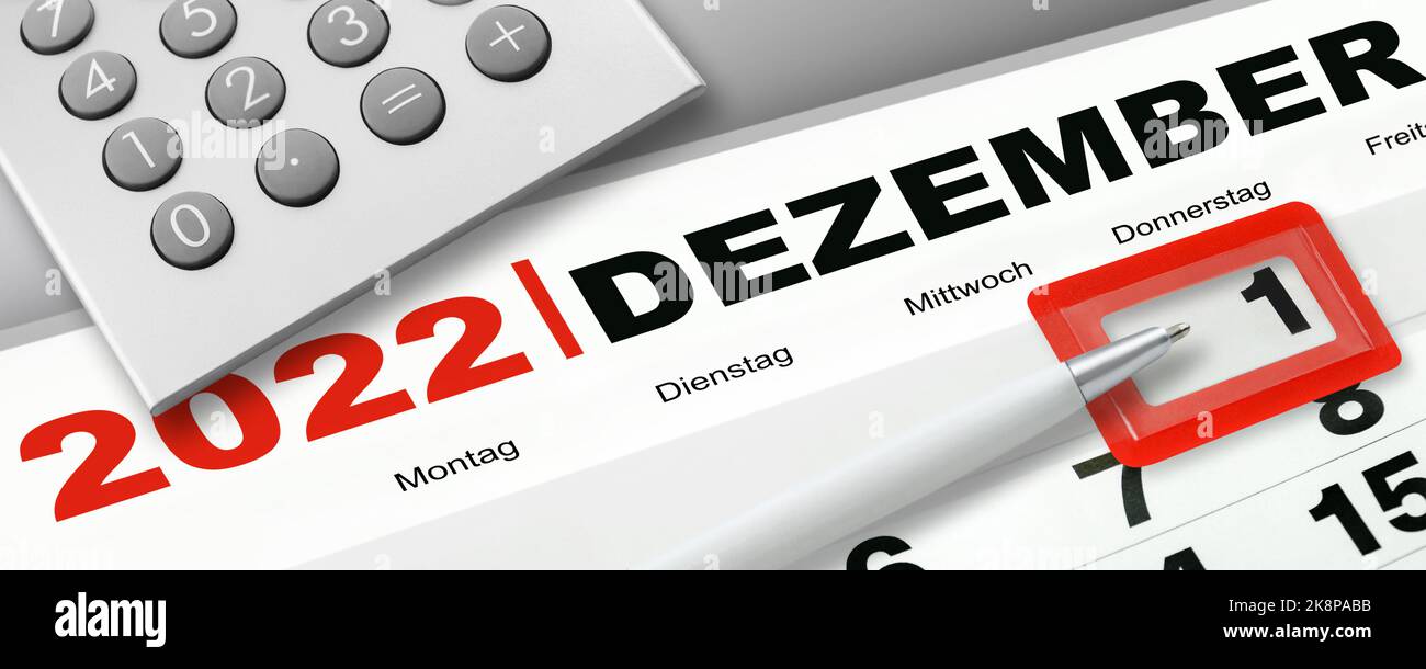 German calendar 2022 December 1 with calculator Monday Tuesday ...