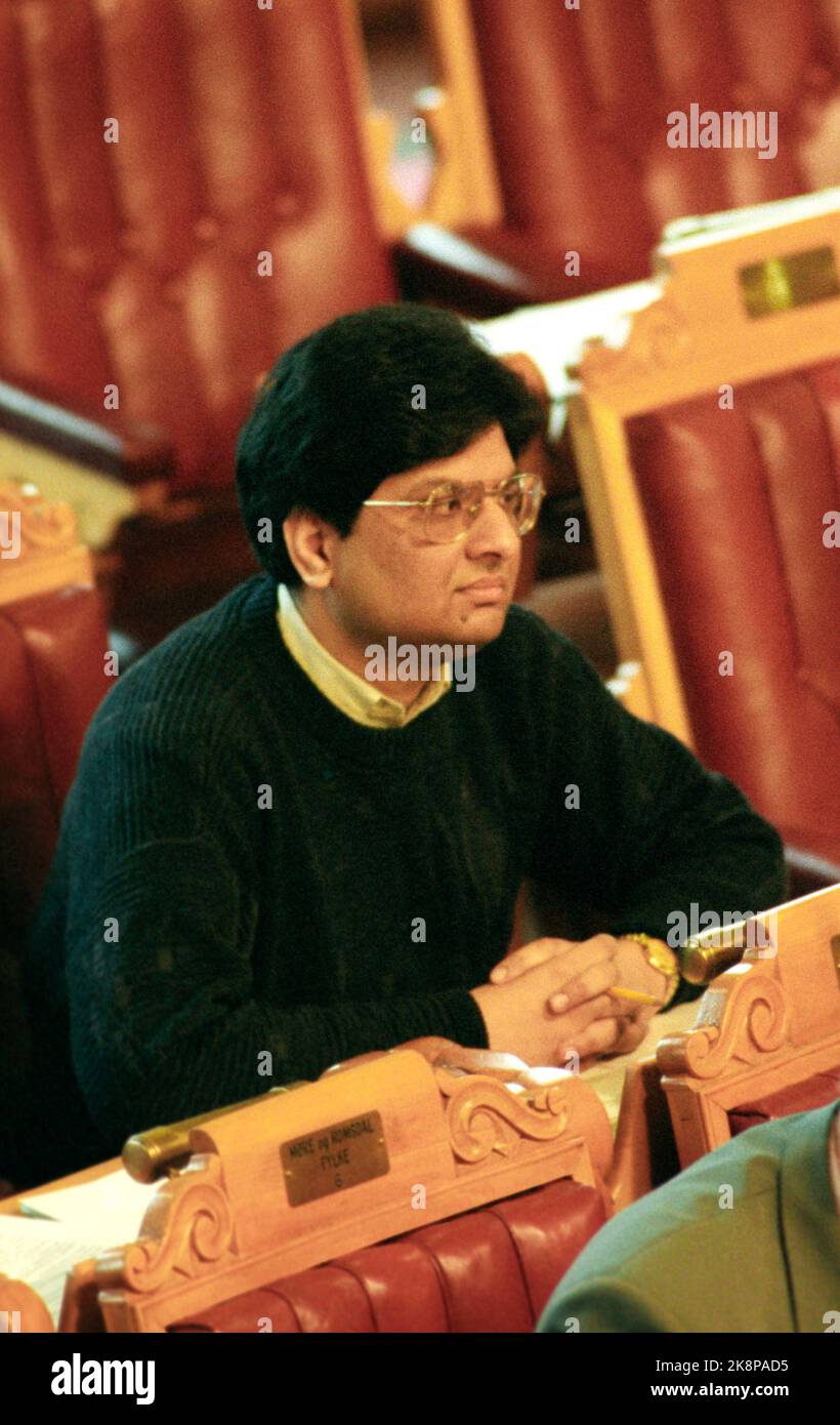 Oslo, 19940324. Historical moment in The Storting. Politician Athar Ali ...