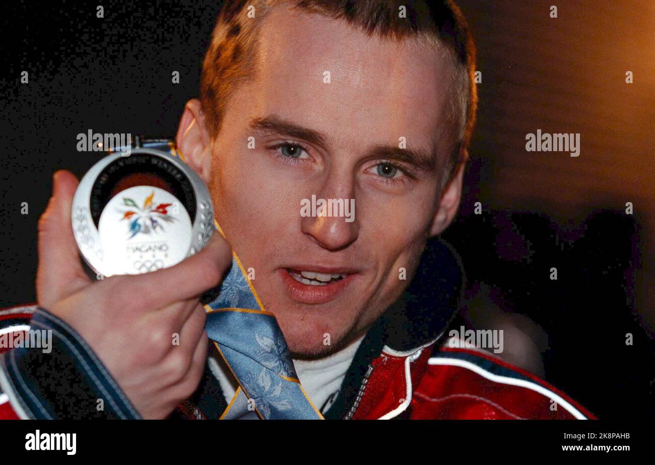 Nagano, Japan 19980213: Snowboard driver Daniel Franck with the silver medal during the Nagano ...