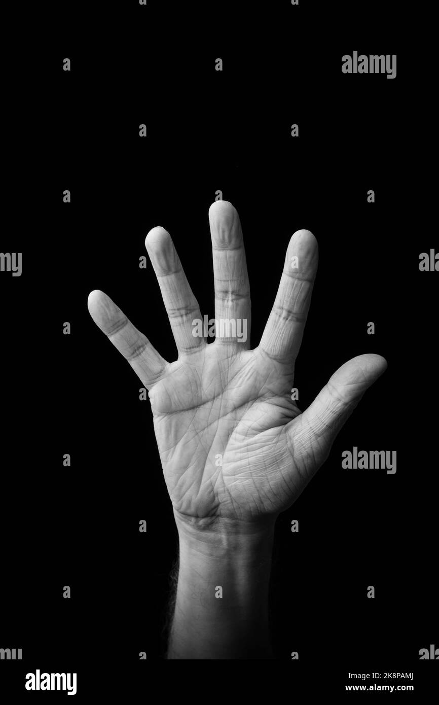 Dramatic black and white image of a male hand fingerspelling the ...